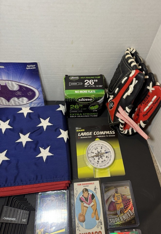 Vintage/Modern Junk Drawer Lot; Flag Patch UFC Bike Baseball Compass ...