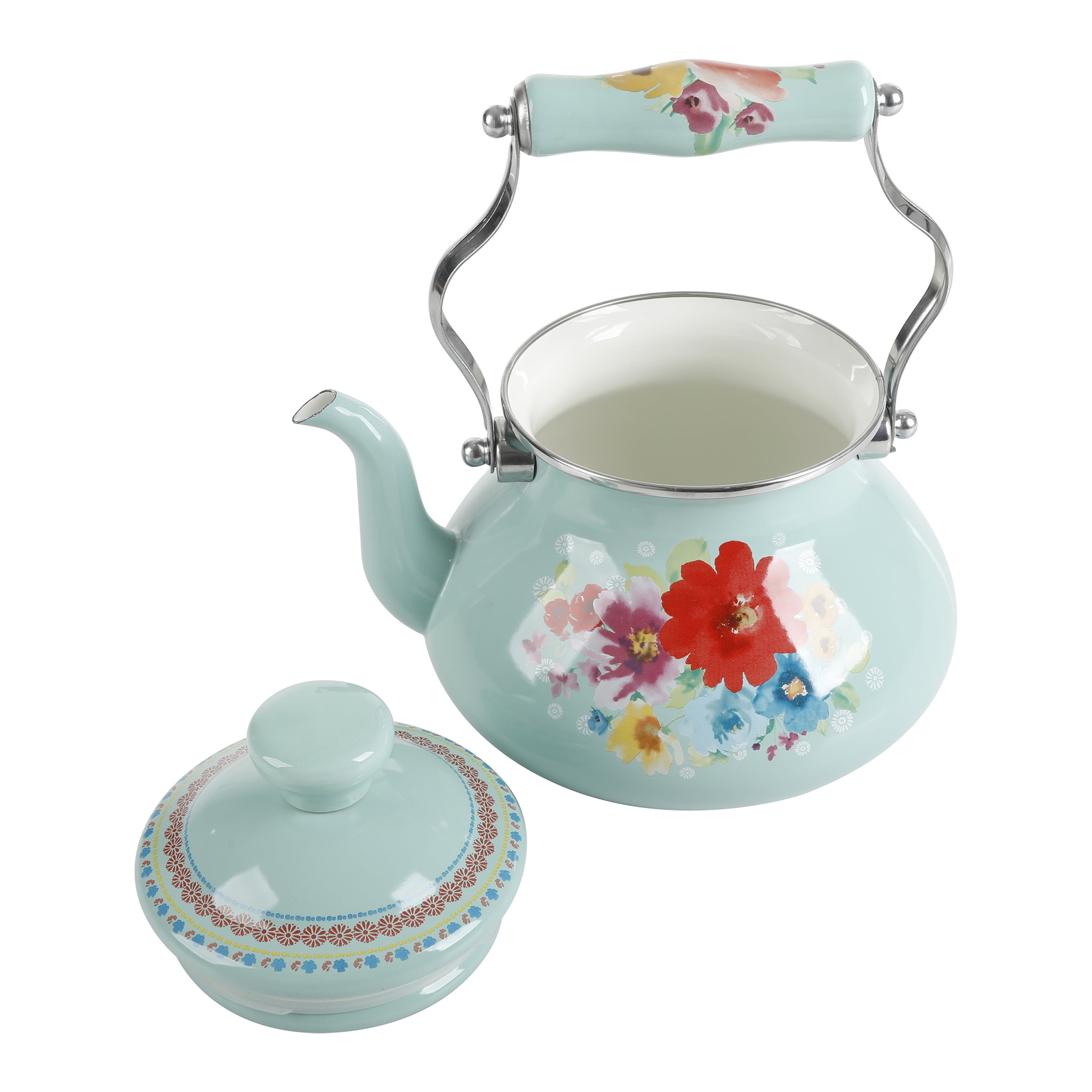 Breezy Blossom Enamel on Steel 1.9-Quart Tea Kettle Folding Handle Home ...