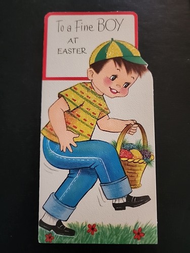 Vtg Rust Craft Easter Greeting Card Glitter Boy Jeans Cap Loafers ...