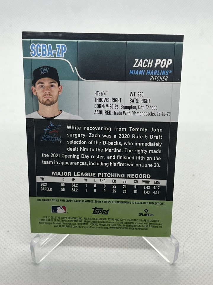 2022 Stadium Club Zach Pop RC On Card Auto Miami Marlins | eBay