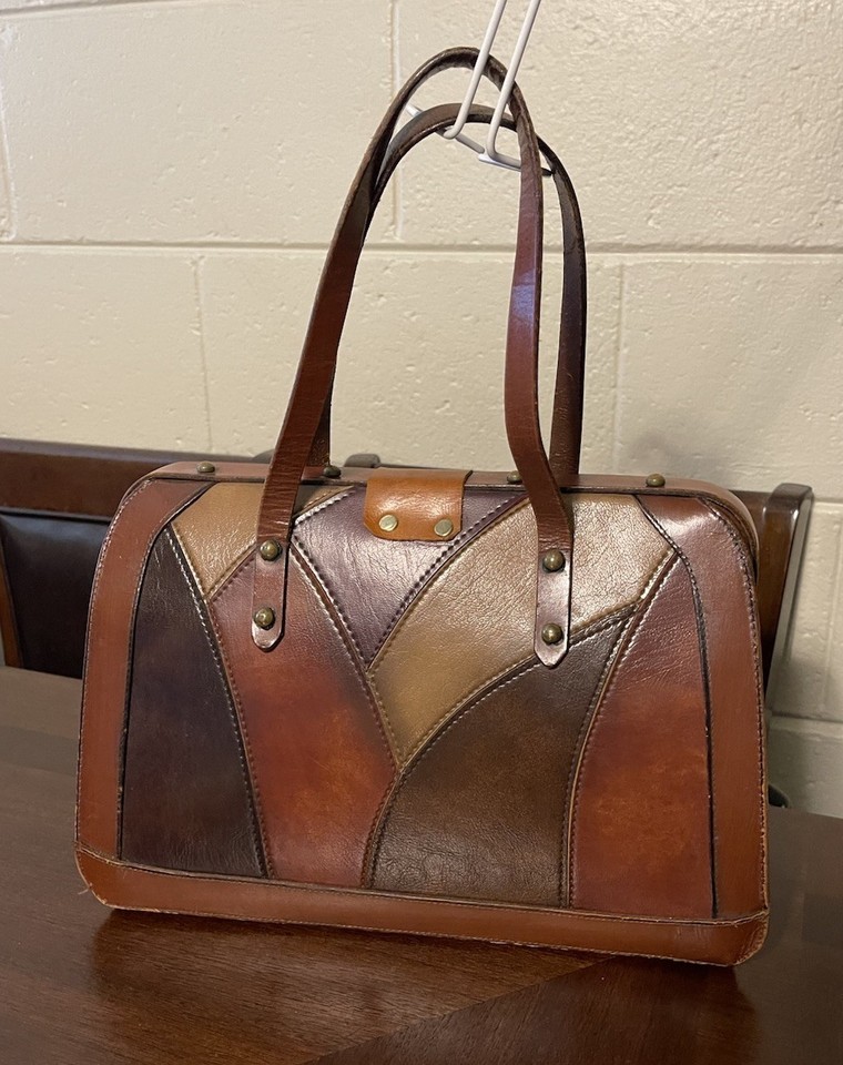 Vtg Burlington Handbag Purse Satchel Patchwork Leather Brown Multicolor ...