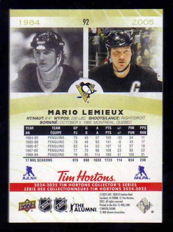 Altered 24-25 Tim Hortons MARIO LEMIEUX Rookie Retrospective Dual ...
