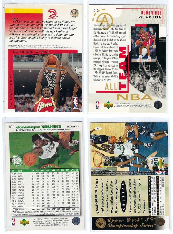 DOMINIQUE WILKINS - (4) Upper Deck cards #s 22 35, 89, 240 - Hawks ...