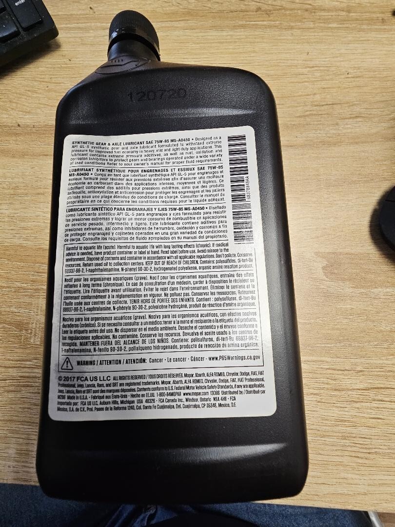 Chrysler Dodge Jeep Ram One Quart SAE 75W-85 Synthetic Axle Lubricant ...