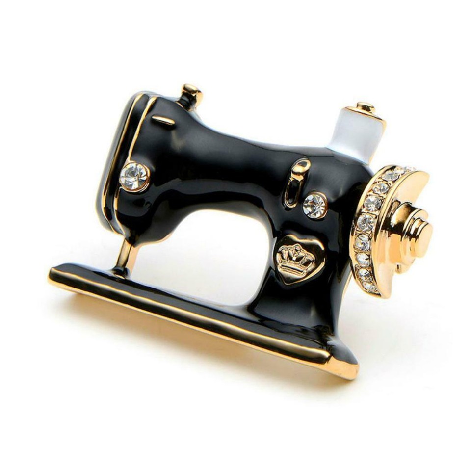 SEWING MACHINE BROOCH 1.4" Gold Black Enamel Pin Rhinestone DIY Arts ...