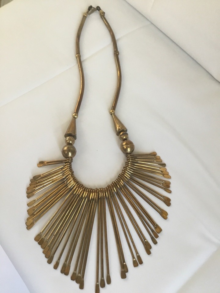Brass Paddle Fringe Necklace 70’s Leather Cord Brass Hook Tribal 22” | eBay