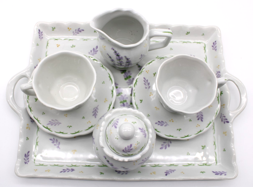 Andrea by Sadek Lavender Tea Set Tray Cups Creamer Sugar Floral ...