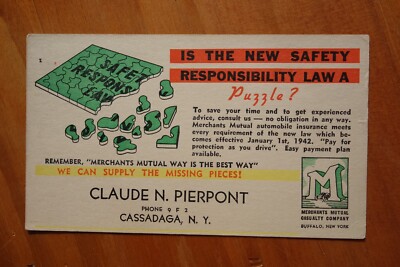 Merchants Mutual Autombile Insurance, Cassadaga NY 1941 unused UX27 ...