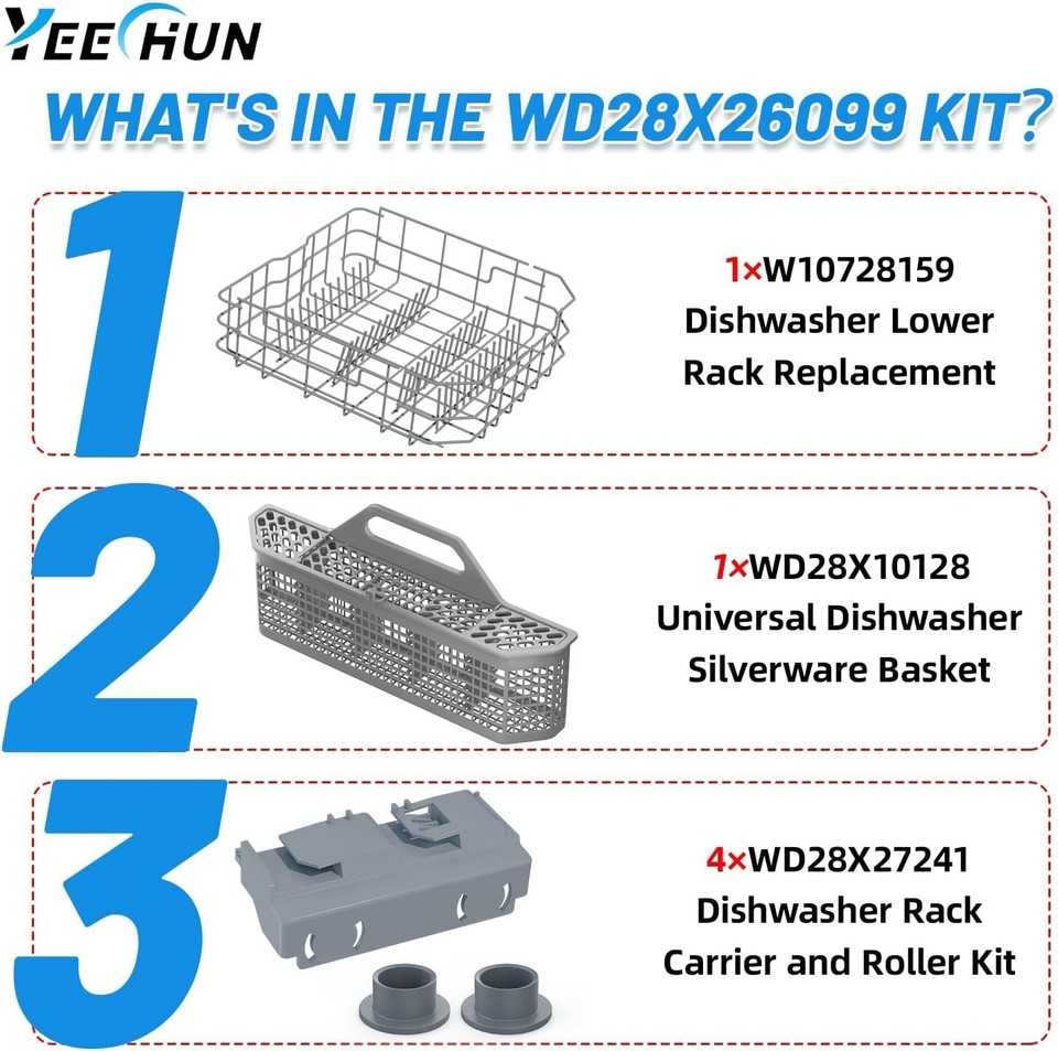 New WD28X26099 Dishwasher Lower Dishrack & WD28X10128 Silverware Basket ...