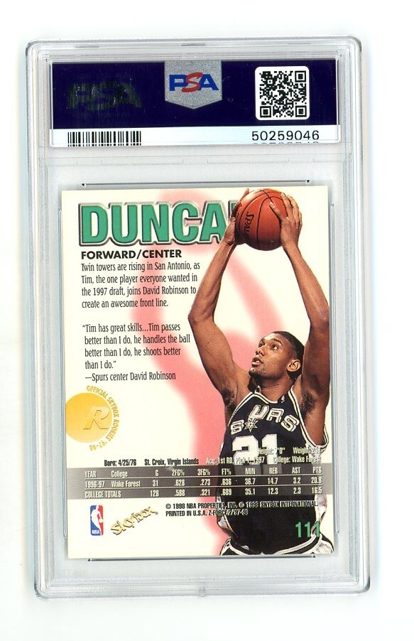 Duncan Tim Skybox 111 Z-Force Rookie Rc 1997-98 Spurs 1997 San Antonio ...
