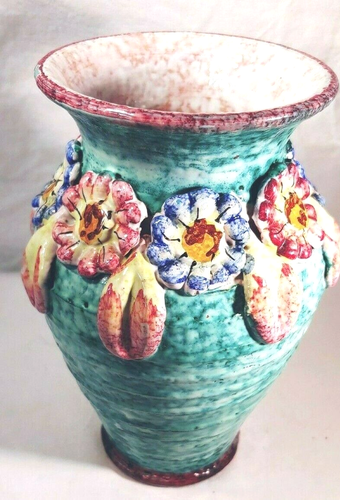 Vintage Italian Art Pottery Vase Applied Flowers Speckled Glaze 7.25" x ...