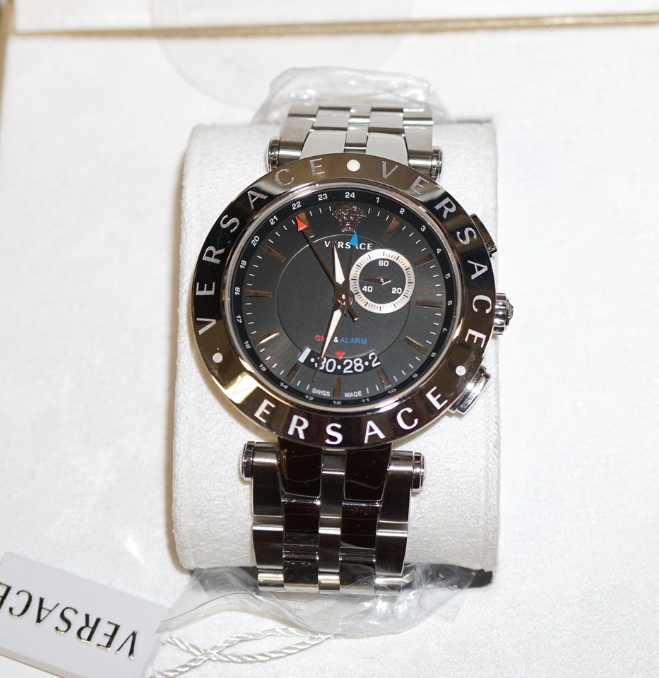 MENS VERSACE 29G99D009 S099 V RACE WATCH BLACK FACE STAINLESS GMT ALARM ...