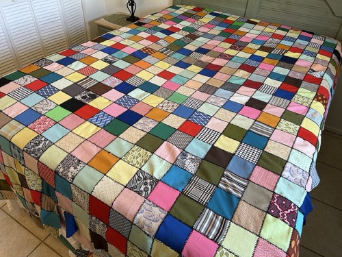 Vintage Patchwork Quilt Top Squares Crazy Hand Sewn 66” x 99” Handmade READ SEE | eBay