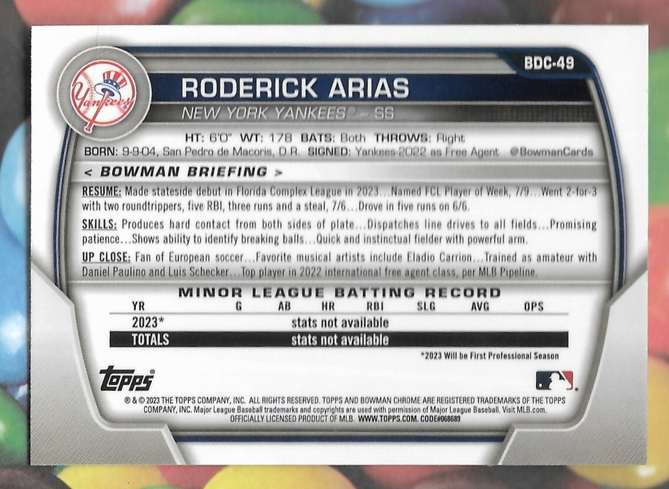 RODERICK ARIAS 2023 TOPPS BOWMAN CHROME GREEN SP ROOKIE RC #'D /99 MLB ...