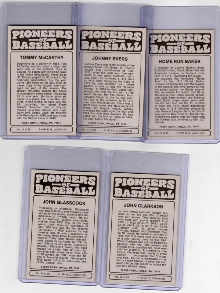 (5) 1974 Fleer/R.G. Laughlin PIONEERS OF BASEBALL w/4 HOF CLARKSON, EVERS, + | eBay