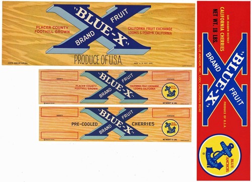Set of 4 different BLUE X Brand, Loomis, California *ORIGINAL CRATE ...