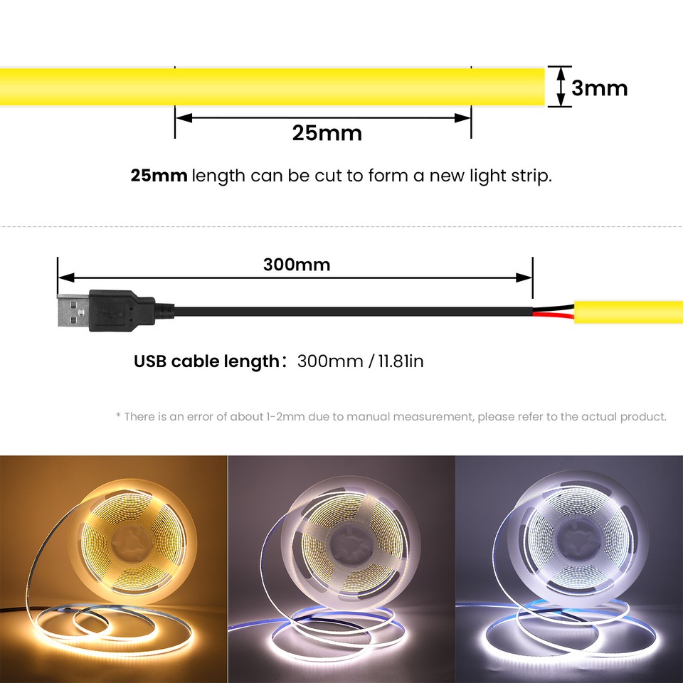 COB LED Light Strip Thin 3mm LED Strip 5V Flexible Tape Lights For Room ...