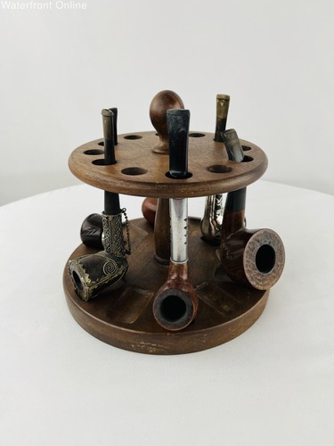 Vintage Wood 12 Pipe Carousel Stand Rack with 6 Vintage Smoking Pipes ...