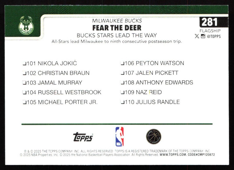2025-26 Topps #281 Fear the Deer: Bucks Stars Lead the Way | eBay