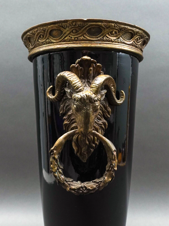 Antique Neoclassical French Gilt Bronze Black Ebony Porcelain Ram Head ...