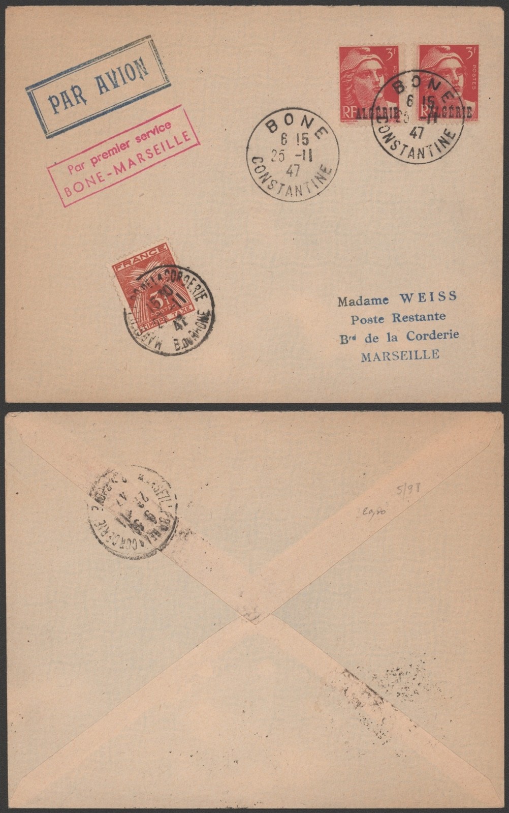 Algeria 1947 - Air Mail Cover to France - Postage Due G347 | eBay UK