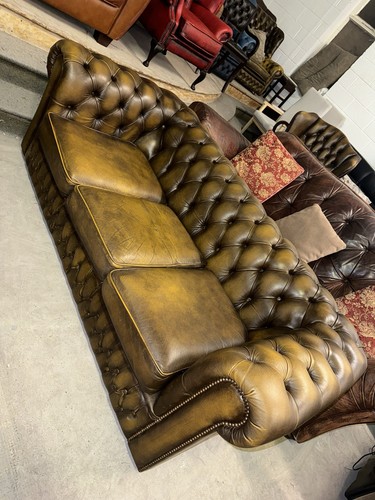 Saxon Chesterfield Tan Real Leather Three Seater Sofa | eBay UK