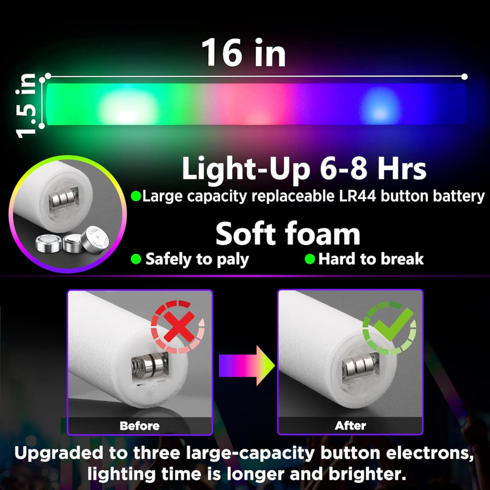 12-96 LED Light Up Foam Sticks Wand Rally Batons DJ Flashing Glow Stick ...