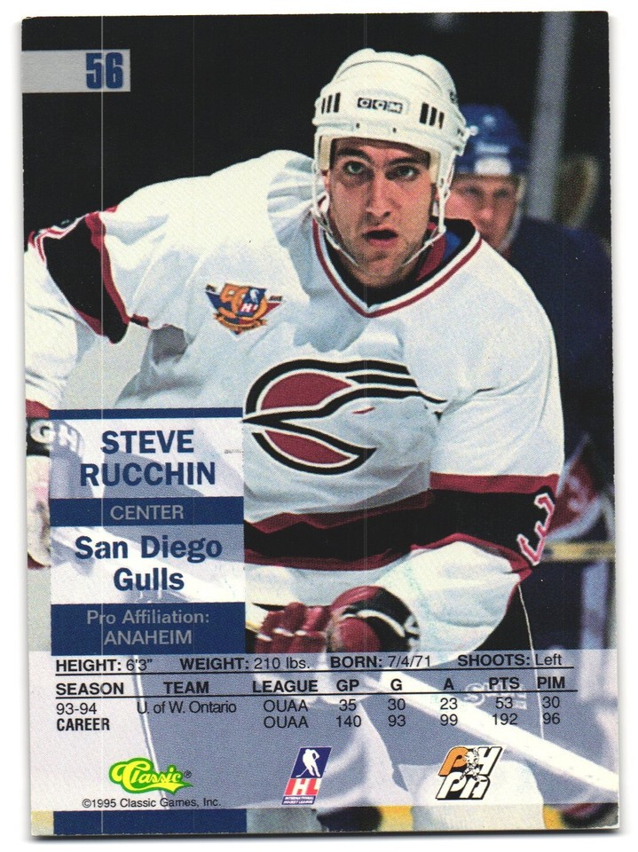 Steve Rucchin Autographed 1995 Classic Images Card #56 San Diego Gulls ...