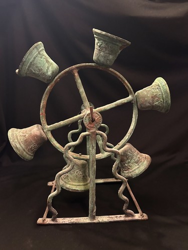 Vtg Verdigris Bronze Patina Standing 6 Bell Wheel Crank Chime Garden ...
