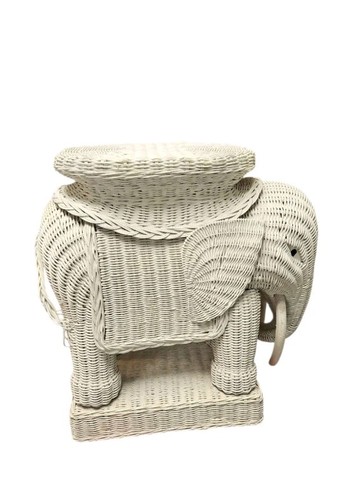 Vtg Rattan Wicker Elephant Table Side End Plant Stand Boho White ...