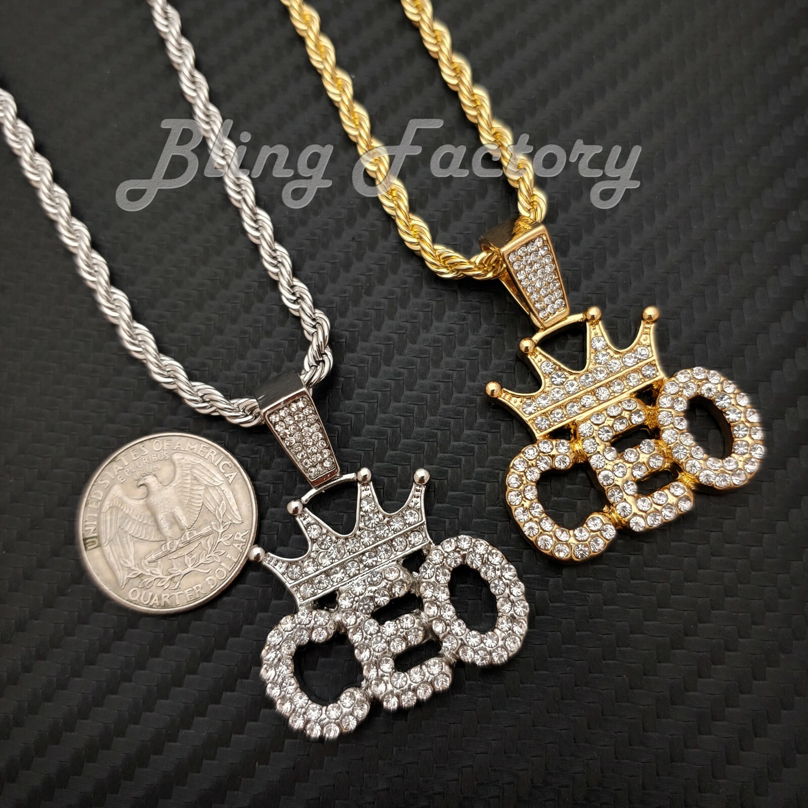 Hip Hop Iced Crowned CEO Pendant & 4mm 24" Rope Chain Fashion Bling ...