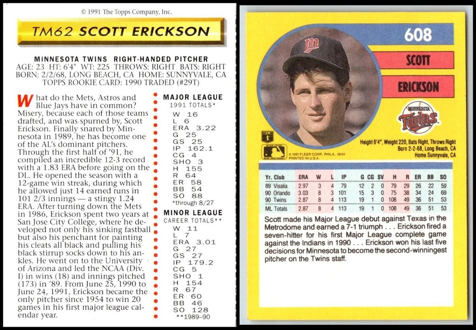 1991 Scott Erickson (2) Card Lot - EXCLUSIVE OFFER – ACT QUICK! | eBay