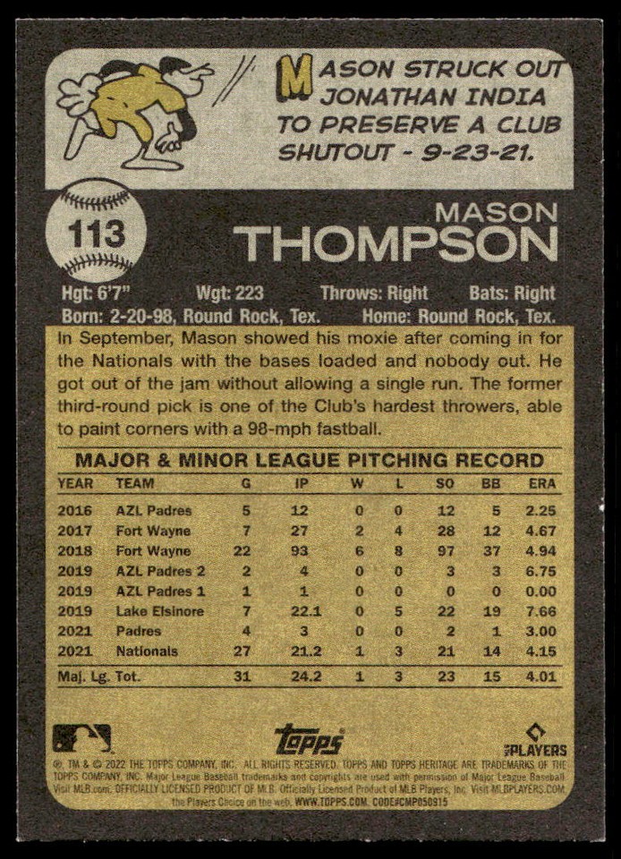 2022 Topps Heritage #113 Mason Thompson RC Washington Nationals | eBay