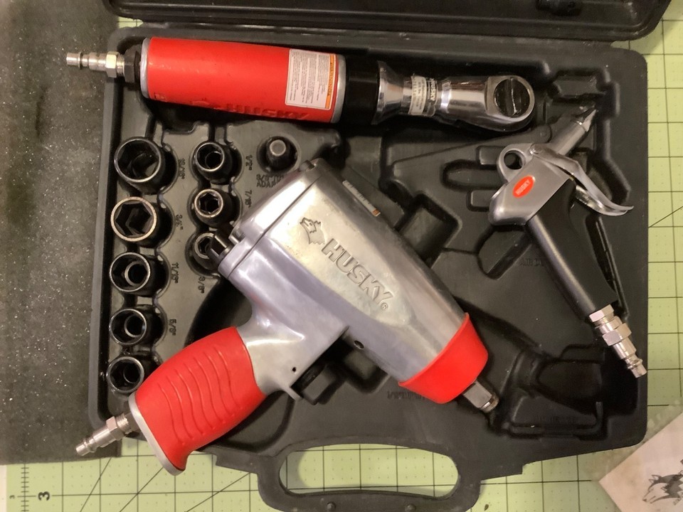 Husky Air Tool Set Kit 1/2" Impact Wrench 3/8" Ratchet Sockets Bits etc ...