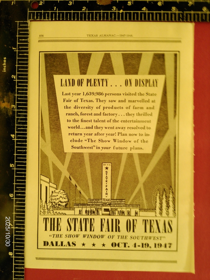 STATE FAIR OF TEXAS - TEXAS ALMANAC AD 1947-48 THE SHOW WINDOW OF THE ...