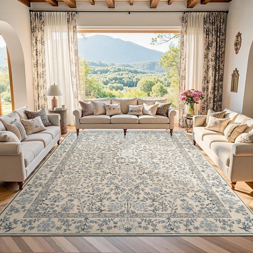 Floral 8x10 Area Rug Soft Low-Pile Living Room Rug Machine Washable Non ...