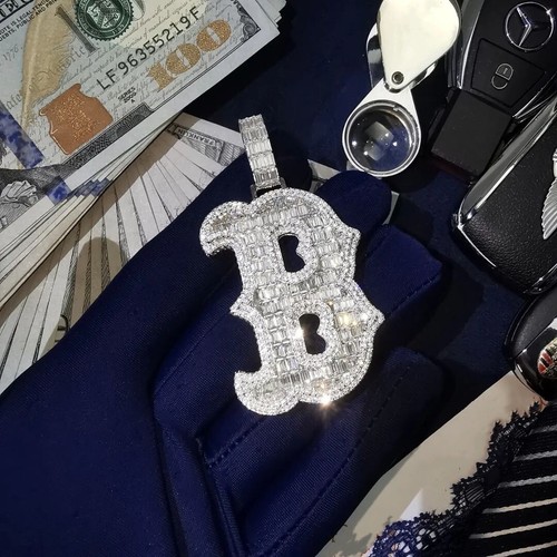 5.25CT Real Moissanite Men's Customize B Letter Pendant 14k White Gold ...