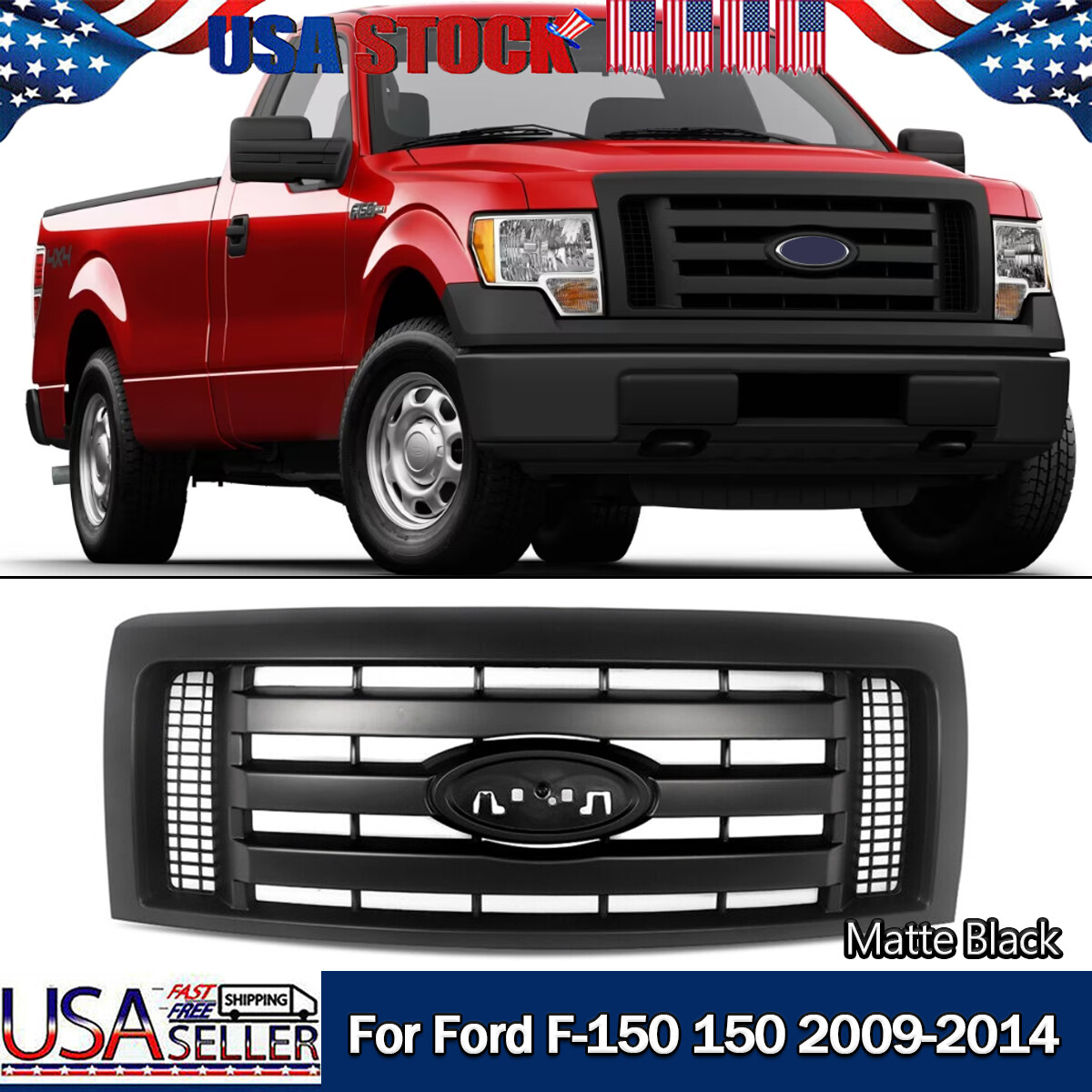 Matte Black Front Bumper Grille Upper Grill For 2009-2014 Ford F-150 ...