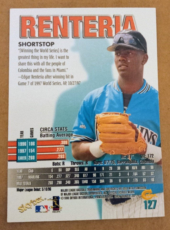 1998 Skybox Circa Thunder Edgar Renteria Baseball Card #127 Florida ...