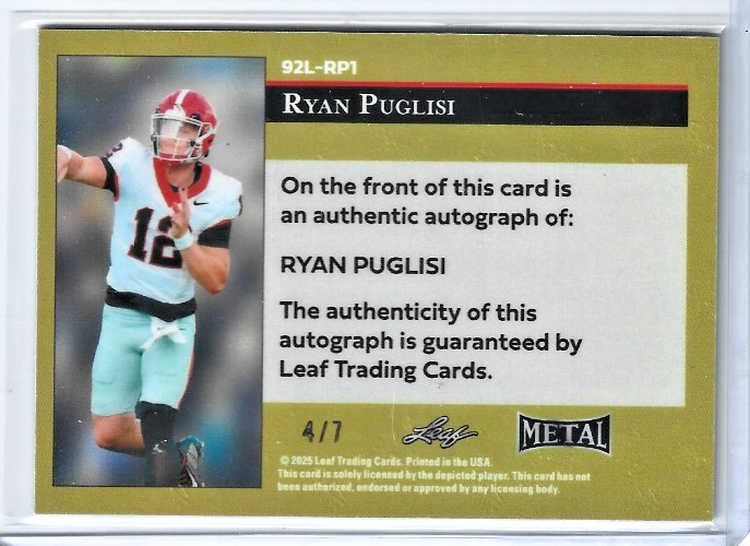 RYAN PUGLISI 2025 LEAF METAL FOOTBALL 92 LEAF LGR PURPLE LAVA AUTO 4/7 ...