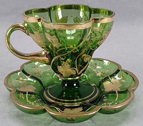 Bohemian Moser Style Raised Gold Grapevine & Green Lobed Pedestal Cup ...