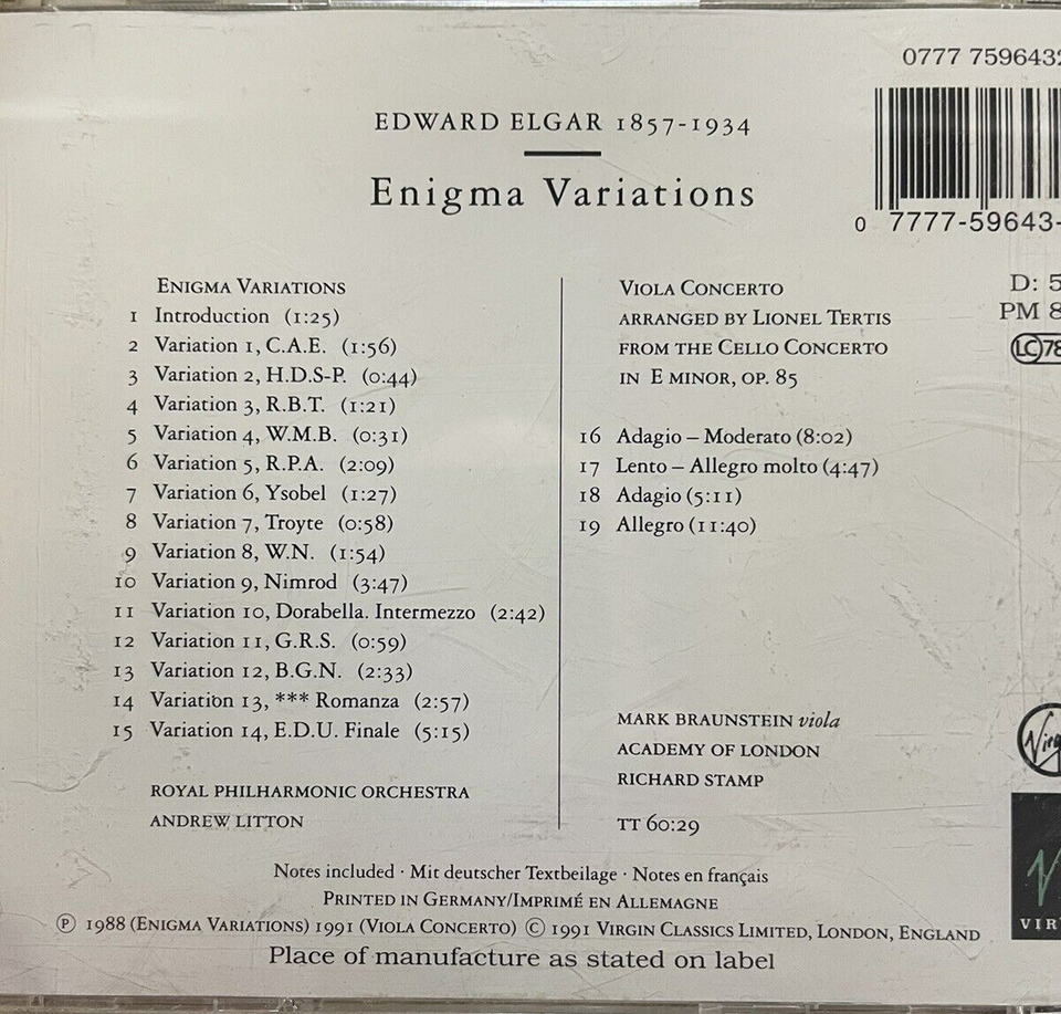 Edward ELGAR - Enigma Variations Classical CD Viola Cello Academy of ...