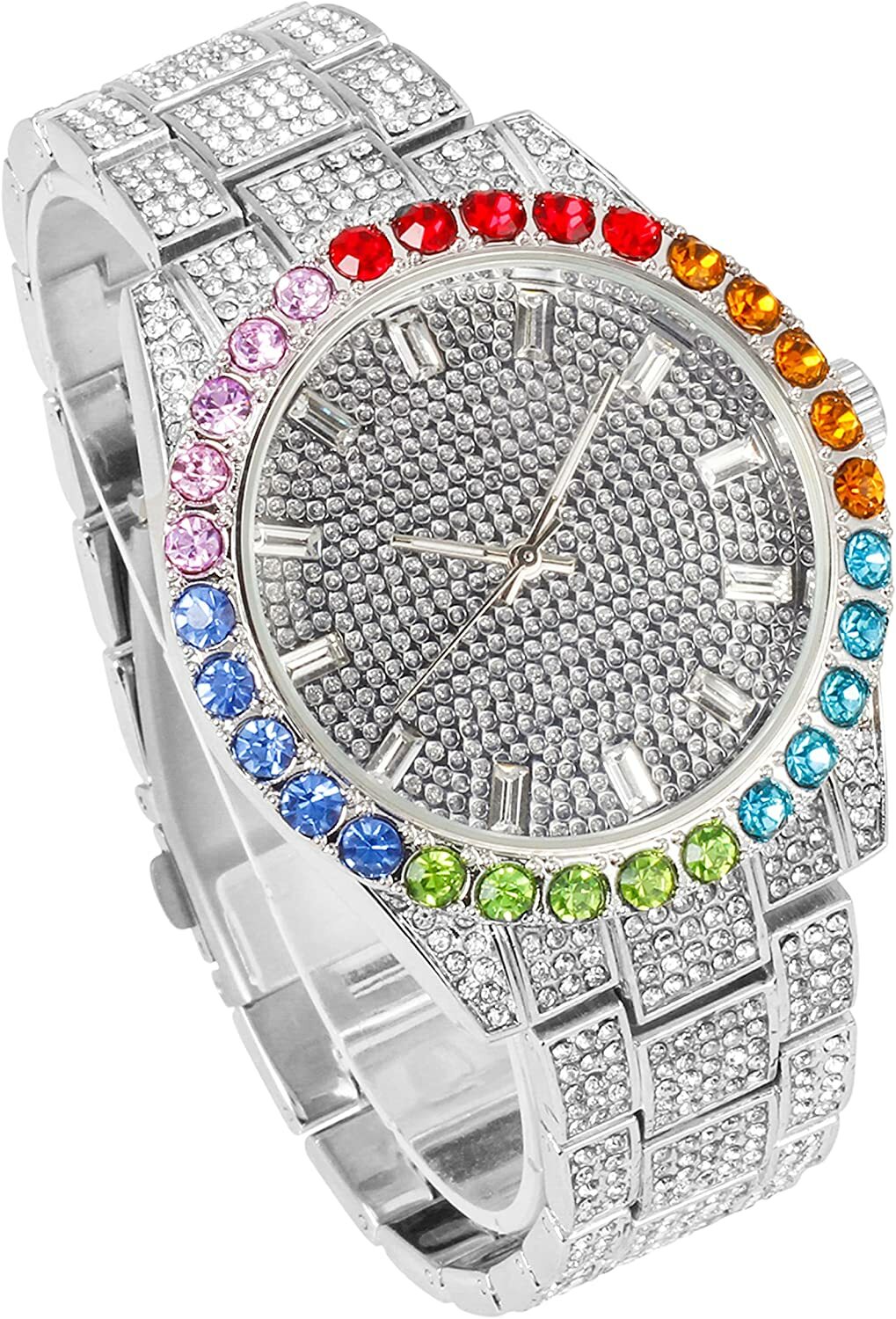 Men Color iced Watch Silver Bling Rapper Simulate Lab Diamond Metal ...