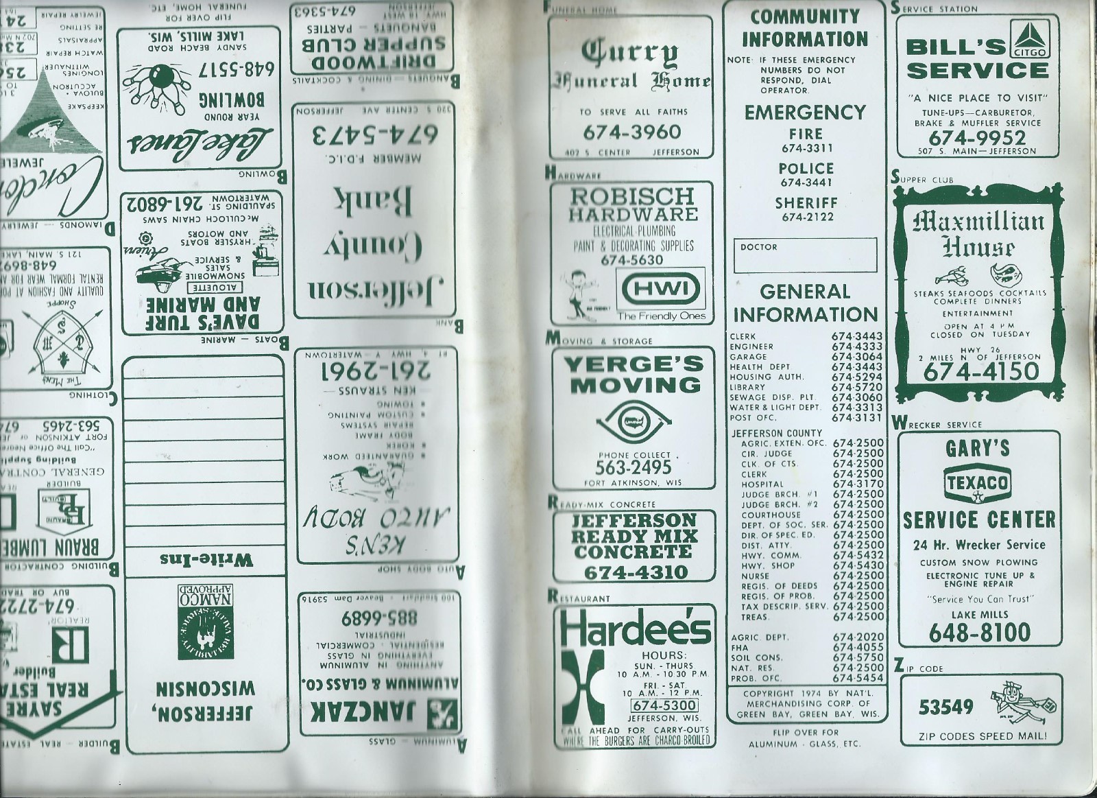 JEFFERSON WISCONSIN vintage 1974 telephone book VINYL COVER store ...