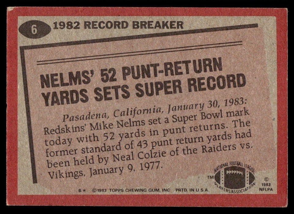 1983 Topps Mike Nelms Washington Redskins #6 | eBay