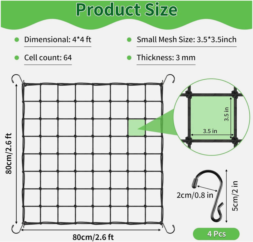 Trellis Netting, Scrog Net with 4 Hooks, 4X4 Trellis Net for Grow Tent ...