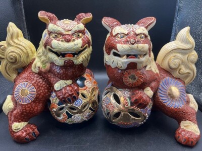Pair 7.25" Tall Antique Foo Dog Shisa Fu Guardian Lions Japanese Red ...
