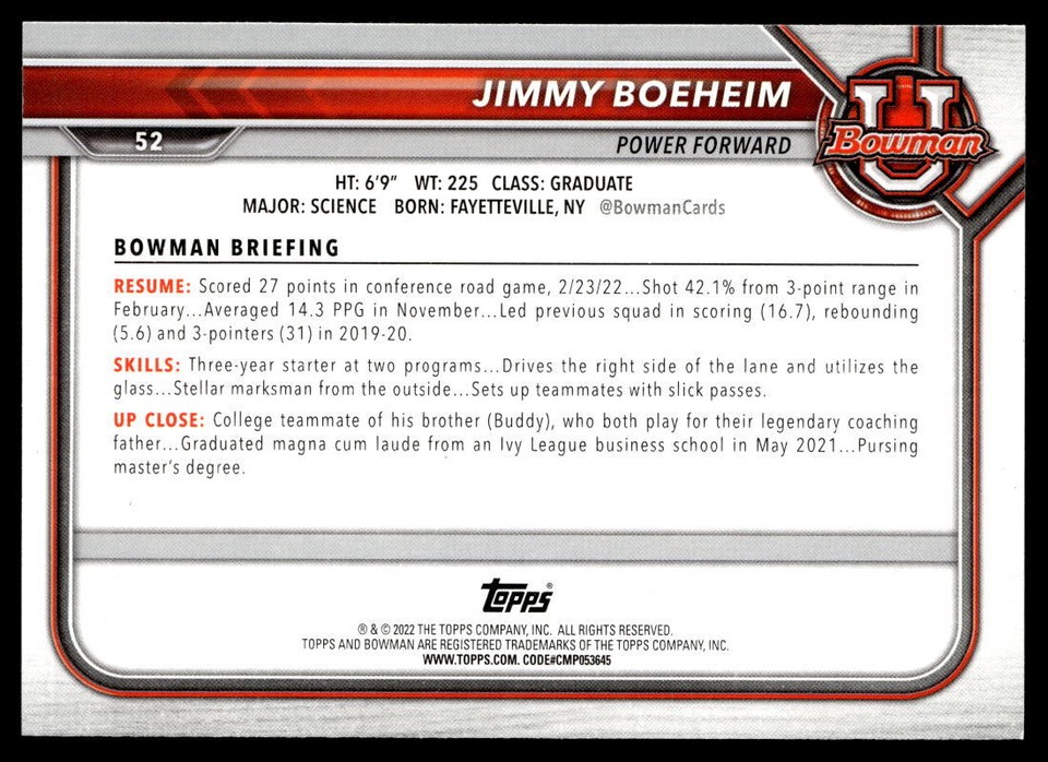 2021-22 Bowman University #52 Jimmy Boeheim Syracuse Orange Basketball ...