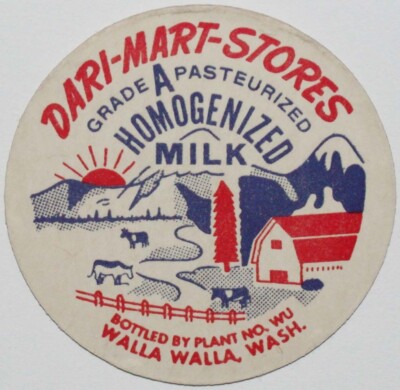 Vintage milk bottle cap DARI-MART STORES Homogenized farm Walla Walla ...