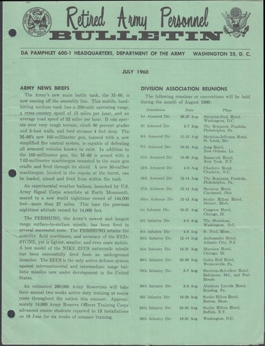 Retired Army Personnel BULLETIN 7 1960 M-60 Tank; Division Reunions &c ...
